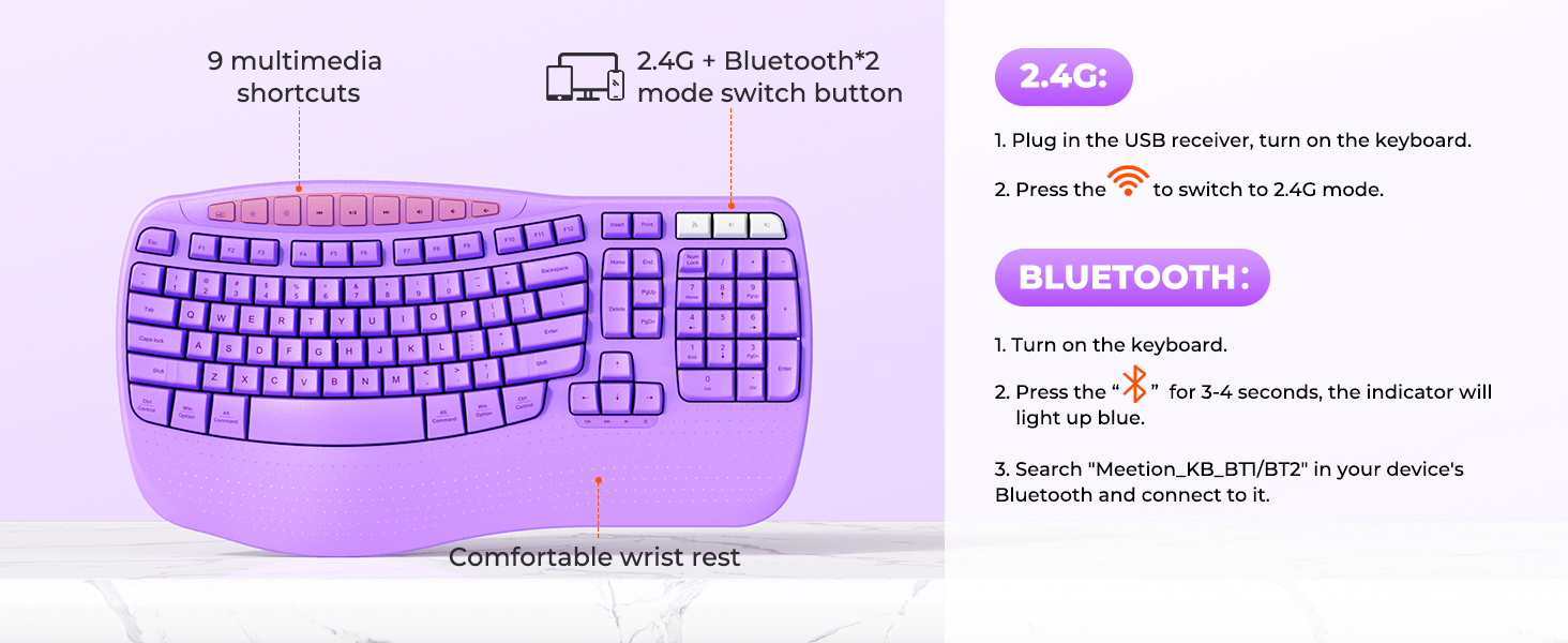 Purple Wireless Dual-mode Ergonomic Keyboard and Mouse Combo1 - Meetion